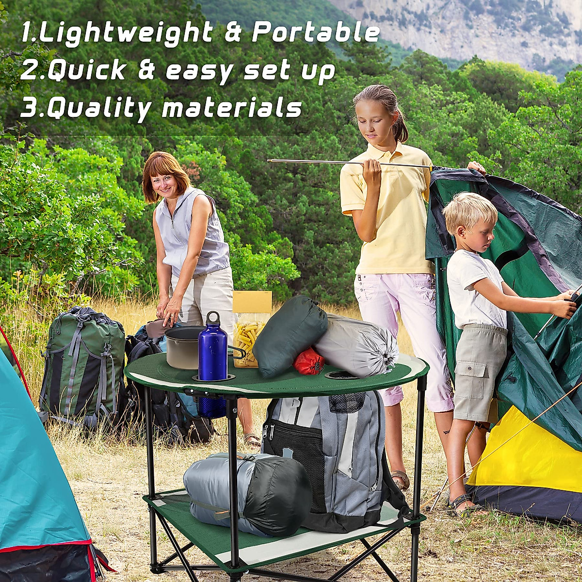 LESES Portable Beach Table, Folding Picnic Table with Carry Bag for Outdoors Fold Up Lightweight Camping Table with 4 Cup Holder, Travel Camping Tables for Party, Hiking, Fishing, Tailgating