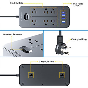 Power Strip Surge Protector Extension Cord 6 Feet with 4 USB Ports, Surge Protection 1700 Joules,6 AC Outlets,Flat Plug Outlet Extender, Wall Mount,Dorm Home Office Black