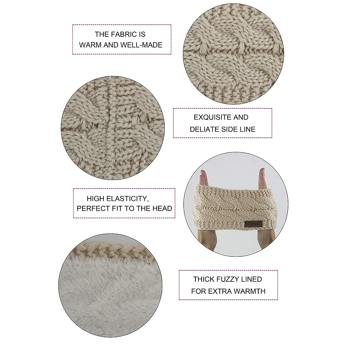 Muryobao Women Winter Warm Headband Fuzzy Fleece Lined Thick Cable Knit Head Wrap Ear Warmer Black & Beige