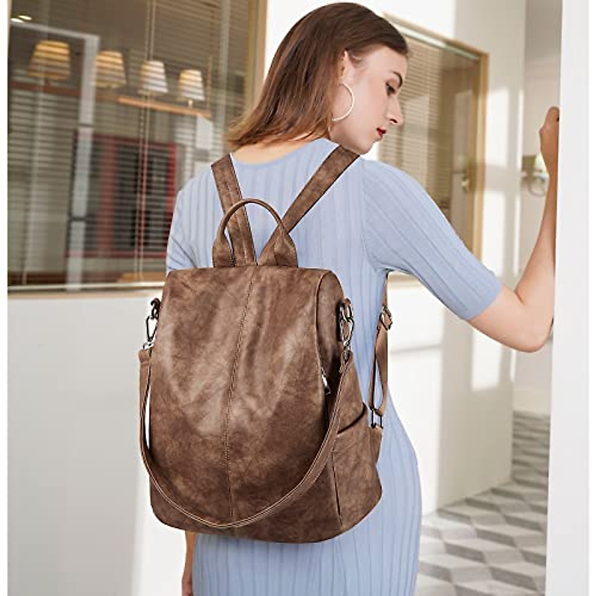 FOXLOVER Backpack Purse for Women Large Womens Backpack Leather Travel Backpack Fashion Backpack Purse Designer Ladies Shoulder Bags(Brown A)