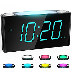 Rocam Digital Alarm Clock for Bedrooms - Large 7.5'' LED Display with Dimmer, Snooze, 7 Color Night Light, Easy to Set, USB Chargers, Battery Backup, 12/24 Hour for Kids,Heavy Sleepers(Blue)