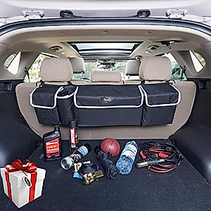 Car Trunk Organizer and Storage, Backseat Hanging Organizer for SUV, Truck, MPV, Waterproof, Collapsible Cargo Storage Bag with 4 Pockets, Car Interior Accessories for Men &Women, Free Trunk Floor