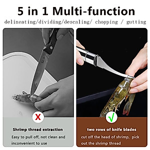 3pcs Shrimp Deveiner Tool — 5 in 1 Multifunctional Shrimp Fish Knife with 1 Wooden Prawn Peeler, 2 Stainless Steel Shrimp Peeler and Deveiner Tool, Seafood Shrimp Line Knife Kitchen Tool.