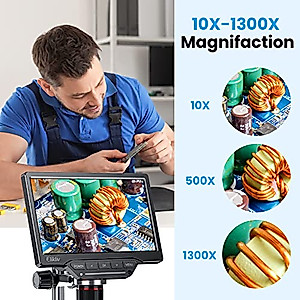 Elikliv EDM201 Pro HDMI Digital Microscope with 10 Inch Stand - 1300X Coin Microscope with Screen, 16MP Resolution, 7" IPS Display, 10 LEDs, TV/Windows/Mac Compatible