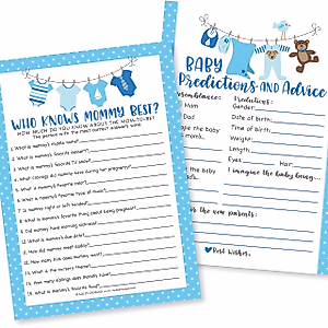 25 Blue Animal Matching, 25 Nursery Rhyme Game, 25 Word Scramble For Baby Shower, 25 True Or False Game, 25 Who Knows Mommy Best, 25 Baby Prediction And Advice Cards - 6 Double Sided Cards
