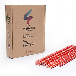 Weemium Christmas Paper Straws - Pack of 200 in 10 Designs - Biodegradable Christmas Straws for Drinking, Party & Crafts