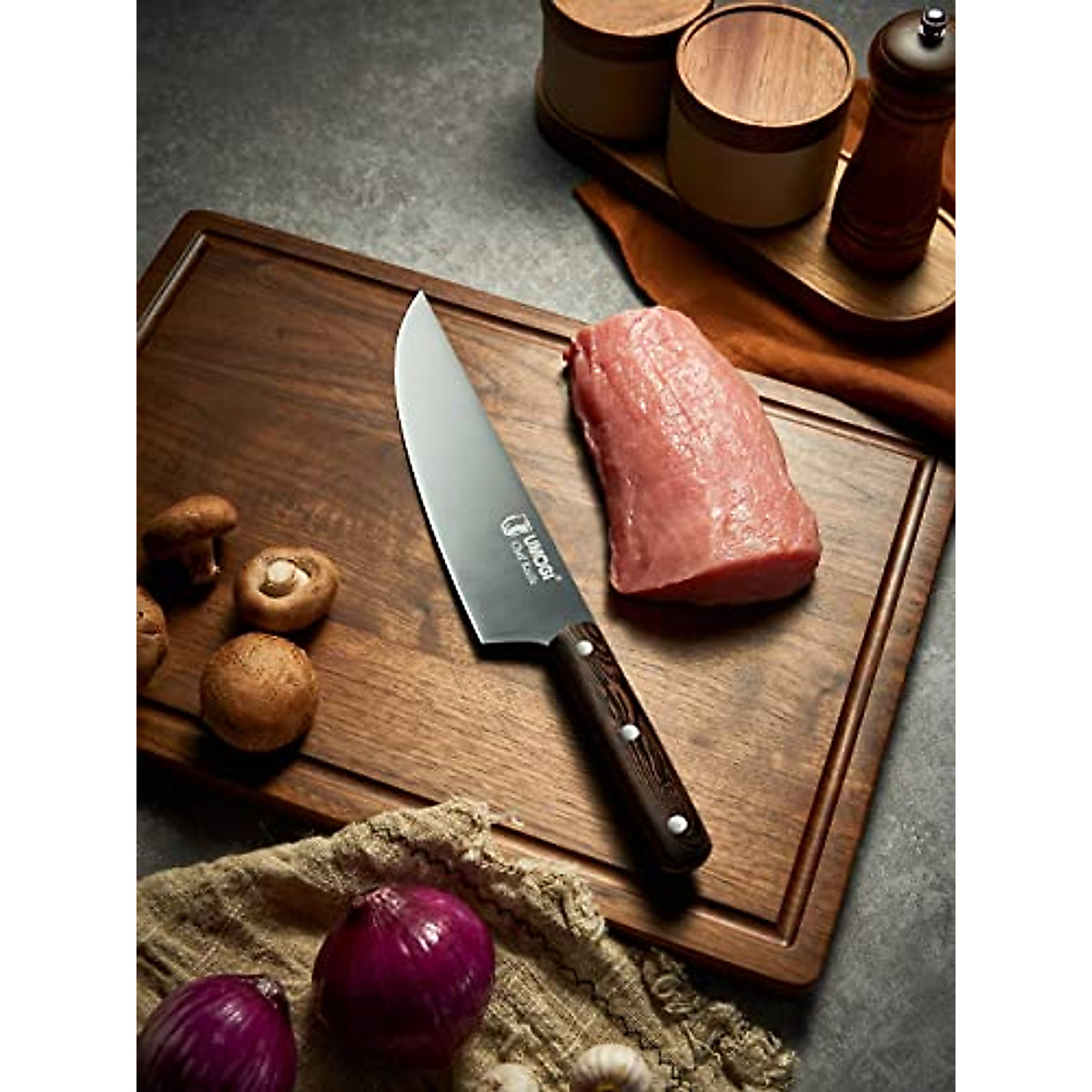 UMOGI Premium 8 Inch Chef’s Knife with sheath - German High Carbon Stainless Steel - Full Tang Natural Wooden Handle Ergonomic Grip,Ultra Sharp - Best for Slicing Meats Roasts Vegetable & Fruits
