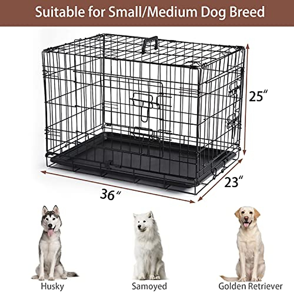 DONORO Dog Crates for Small Size Dogs Indoor Double Door Dog Kennels & Houses for Puppy and Cats, Collapsible Metal Contour Dog Cages (36-Inch Only Crate)