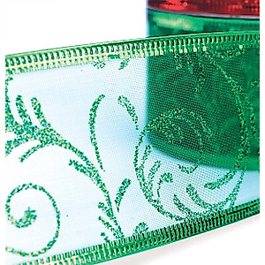 Christmas Ribbon for Gift Wrapping Red Wired Ribbons Green Sheer Wire Organza Set Present Wrap Around, Xmas Tree Decor Crafts Floral Arrangement Supplies & Decoration 30 Yards x 2 in Wide Each