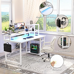 Besiost Gaming Desk with Lights & Power Outlets, 39.4' Computer Desk with Shelves, Small Desk for Small Space, Writing Desk with Monitor Stand, White