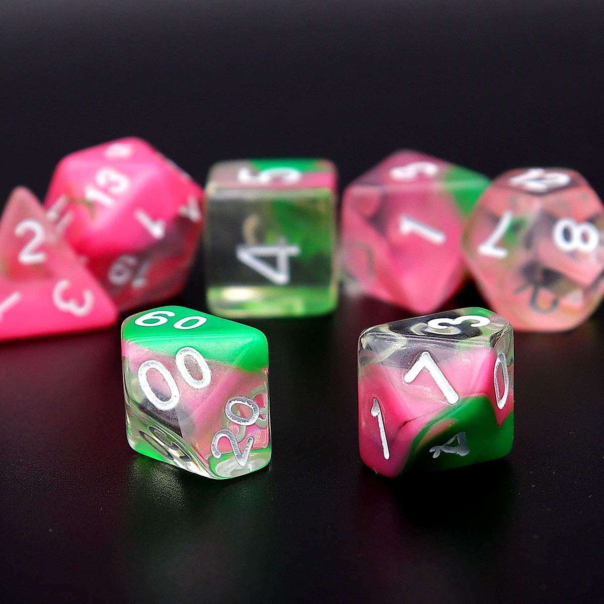 Haxtec DND Dice Set Polyhedral D&D Dice for RPGs-Pink Green Clear Swirl