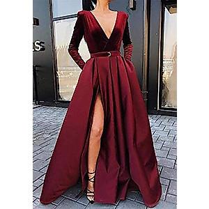 LL Bridal Long Satin Velvet Prom Dresses V Neck Long Sleeve High Slit Formal Evening Party Gowns Red-12