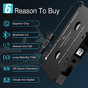 Car Cassette Audio Aux Adapter, Wireless Bluetooth 5.0 Cassette Receiver, Cassette to Aux Adapter Tape Player, for Listening to Mobile Music and Car Voice, Hands-Free Calling (Black)