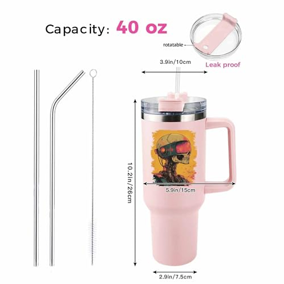 LB LEOBON 40 ounce insulated cup with handle, double-layer vacuum stainless steel material, equipped with straw, can keep warm or maintain cold drinks Neone Poppe Skeletons 3 Light pink