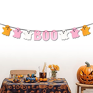 LanttAotte Cute Boo Banner, Pre-Assembled Pink Happy Boo Day Halloween Glittery Ghost Party Decorations for Mantle Girl Baby Shower Décor