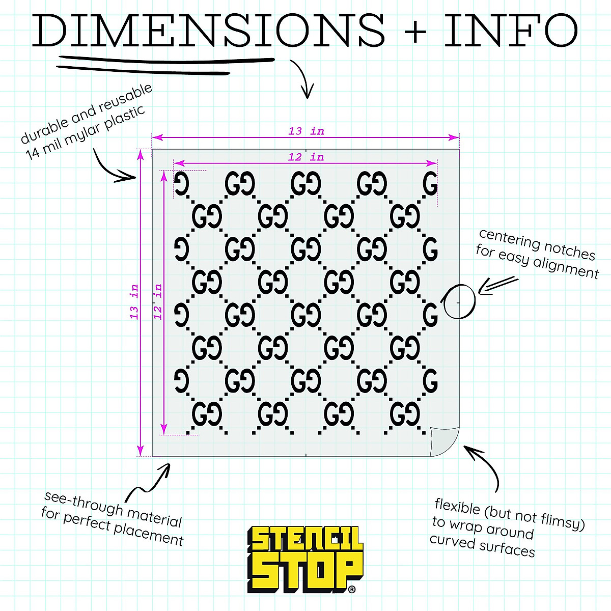 GG Pattern Stencil - Seamless Repeating Design for DIY, Walls, Decor - Durable 14 Mil Mylar Plastic (12 x 12 inches)