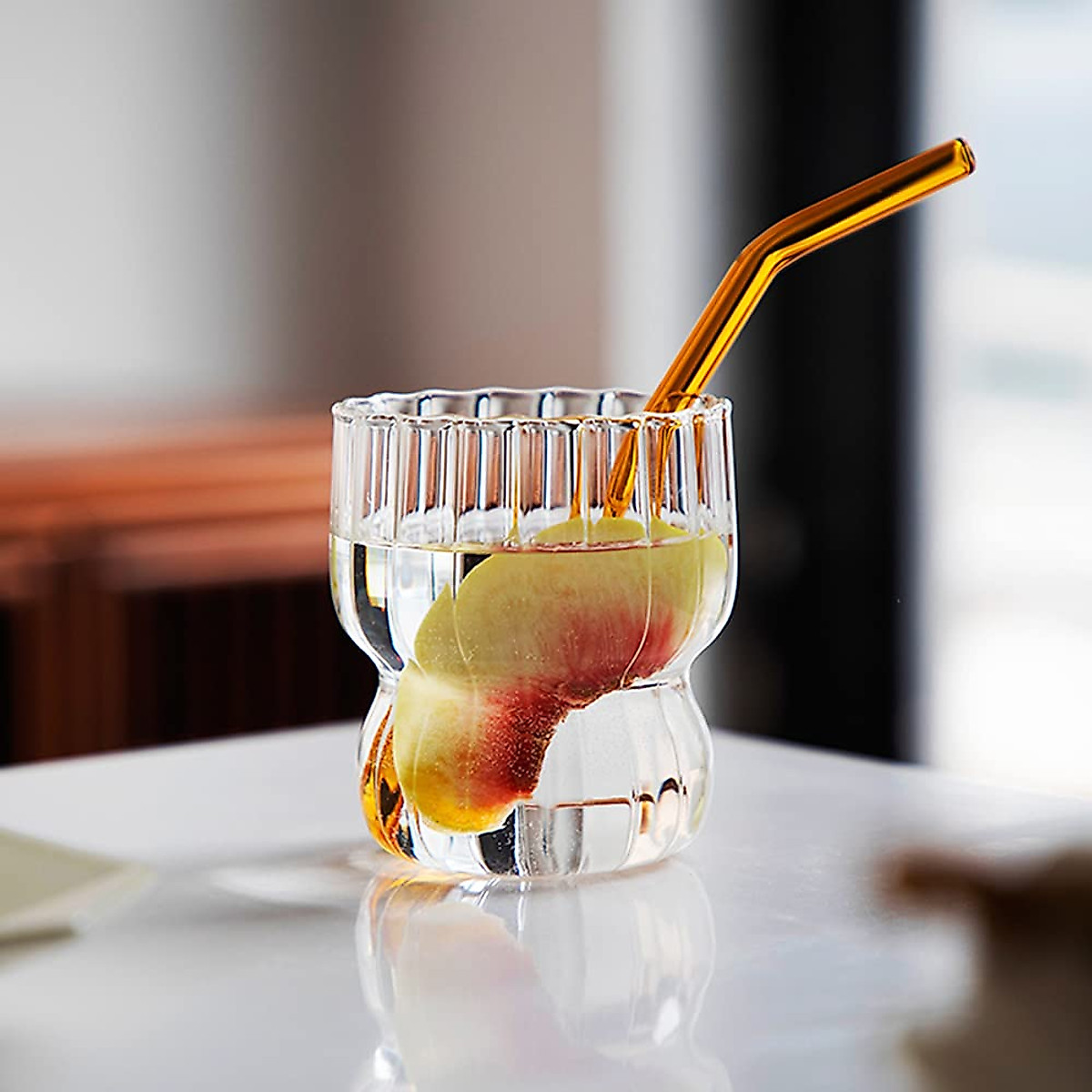 URMAGIC Vertical Stripe Cocktail Glass, 8.8 Oz Dessert Cup,Glass Ice Cream Cup,1 Pcs Beverage Glasses,Heat Resistant Coffee Mug,Origami Style Glass Cup,Wine Glasses,Vintage Bar Glassware