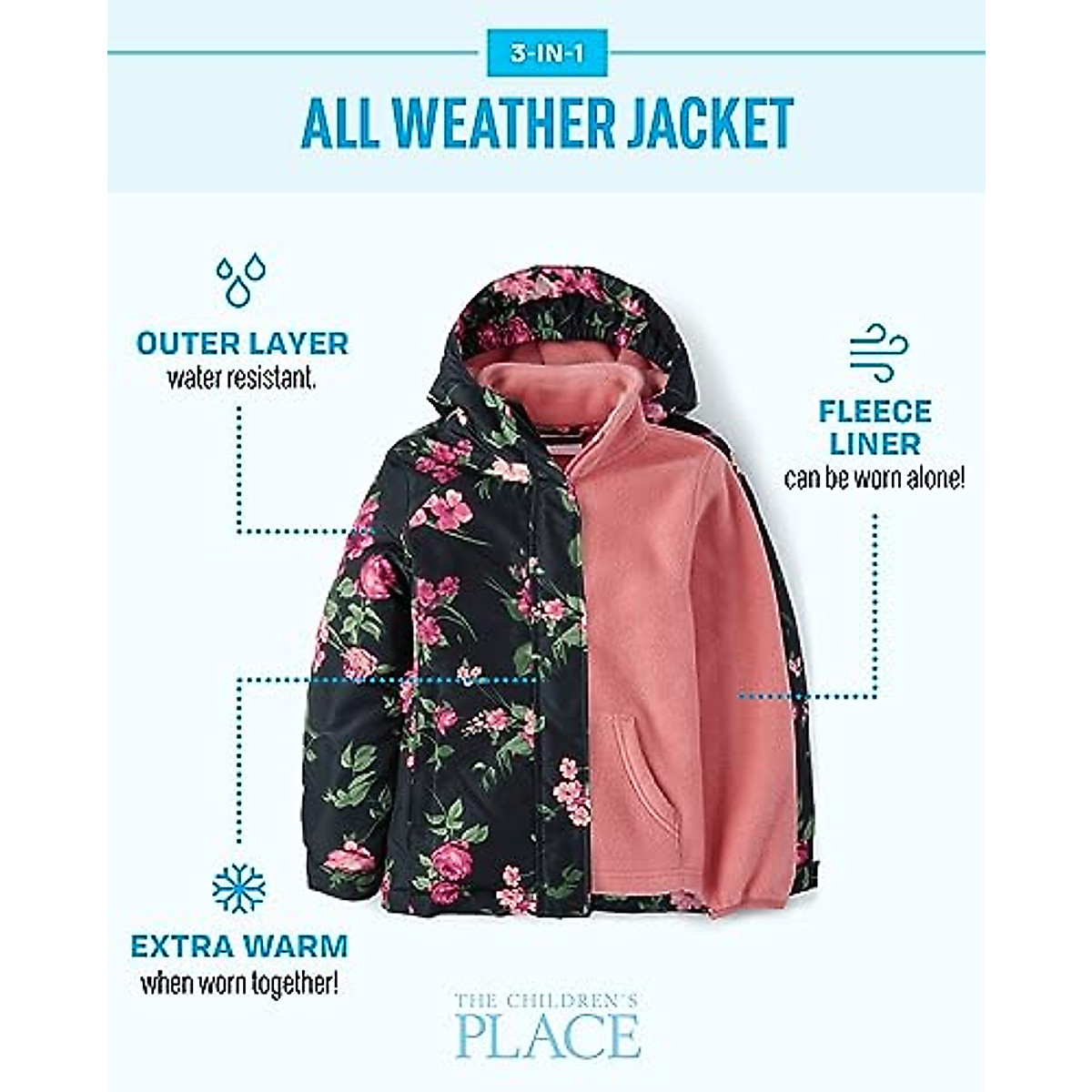 The Children's Place Baby Girl's and Toddler Heavy 3 in 1 Winter Jacket,wind Water-resistant Shell,fleece Inner, French Rose, 3T