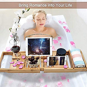 Bamboo Bathtub Caddy Tray, Expandable Bath Tray for Luxury Bath, Wooden Tub Tray with Reading Rack or Tablet Holder, Phone & Wine Glass Holder