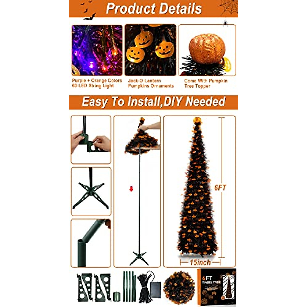 6 Ft 60 LED Tinsel Halloween Tree Decor with Orange & Purple Lights Timer Black Tinsel Christmas Tree Bats Battery Operated Pop Up Artificial Tree Indoor Outdoor Halloween Decorations Home Party