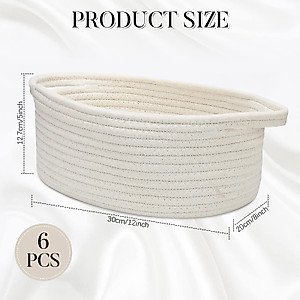 Suttmin 6 Pcs Small Woven Basket 12 x 8 x 5" Cotton Rope Storage Basket Empty Gift Basket Decorative Dog Cat Toy Basket Cute Oval Baby Basket for Nursery Room Bedroom Living Room Organizing (White)