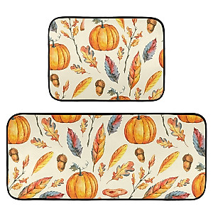 Emelivor Pumpkins Kitchen Rugs and Mats Set 2 Piece Non Slip Washable Runner Rug Set of 2 for Kitchen Floor Home Sink Ladunry Office