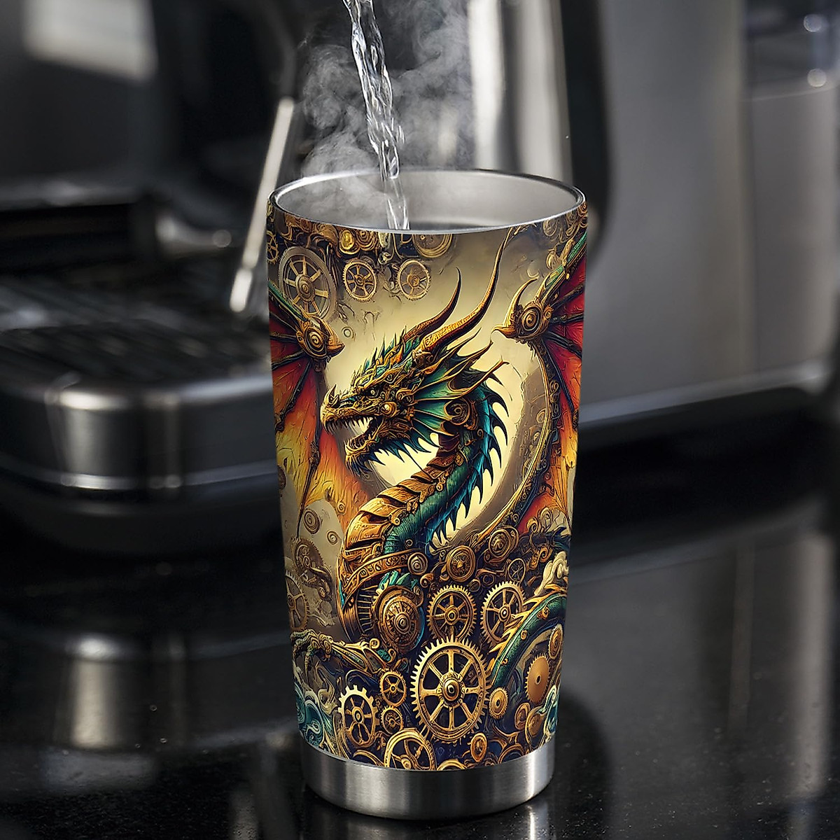 64HYDRO 20oz Steampunk Mechanical Dragon Tumbler, Engineer Mechanic Dragons, Gaming, Gamers Gifts for Dragon Lovers, Stainless Steel Double Wall Vacuum Insulated Coffee Mug, Travel Cup with Lid
