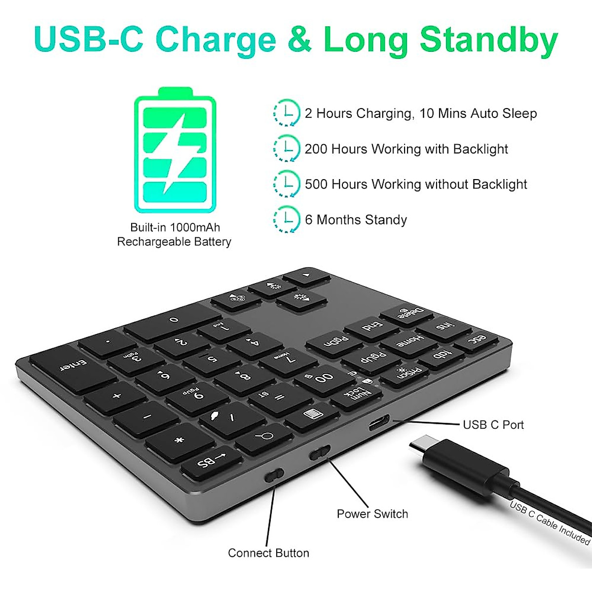 LINKEET Tri-Mode Aluminum Numpad 7-Color Backlit Bluetooth 5.0/Wired USB-C/2.4G Wireless Number Pad Slim 35-Key Rechargeable Numeric Keypad External Keyboard Num Pad for Laptop, Mac - Black Grey