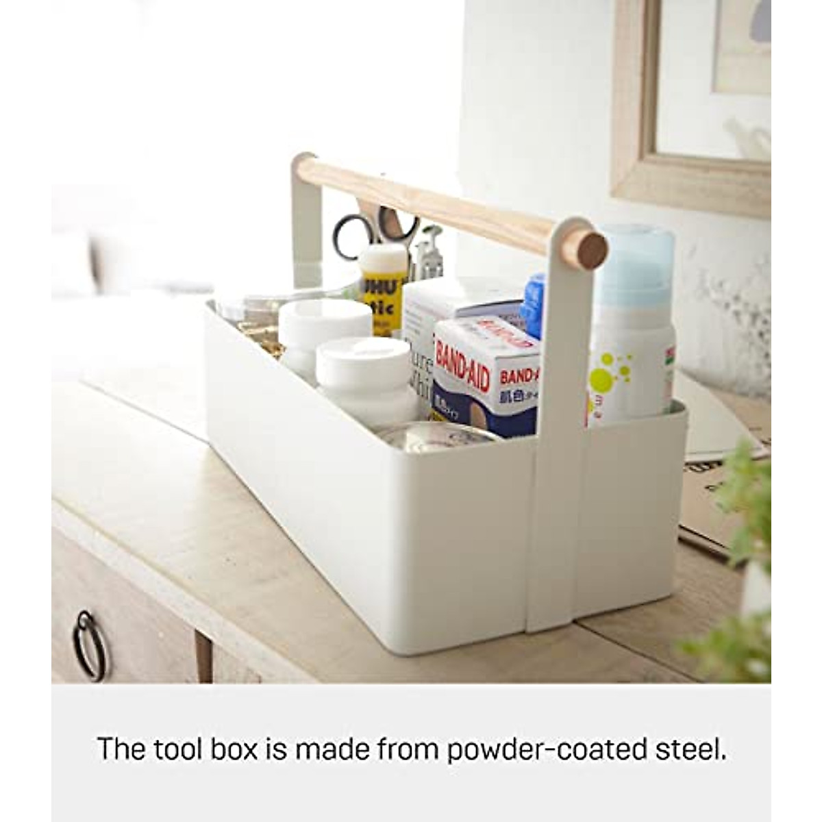 Yamazaki Caddy Home Storage Handle Organizer | Steel + Wood | Large | Baskets and Bins, One Size, White