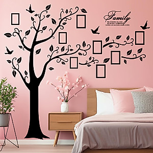 Large Family Photo Tree Wall Sticker 3D Peel and Stick Vinyl Photo Frame Tree Wall Decals Removable Quotes Leaf and Birds Wall Decor for Home Kids Bedroom Living Room Classroom Nursery (Right, Black)