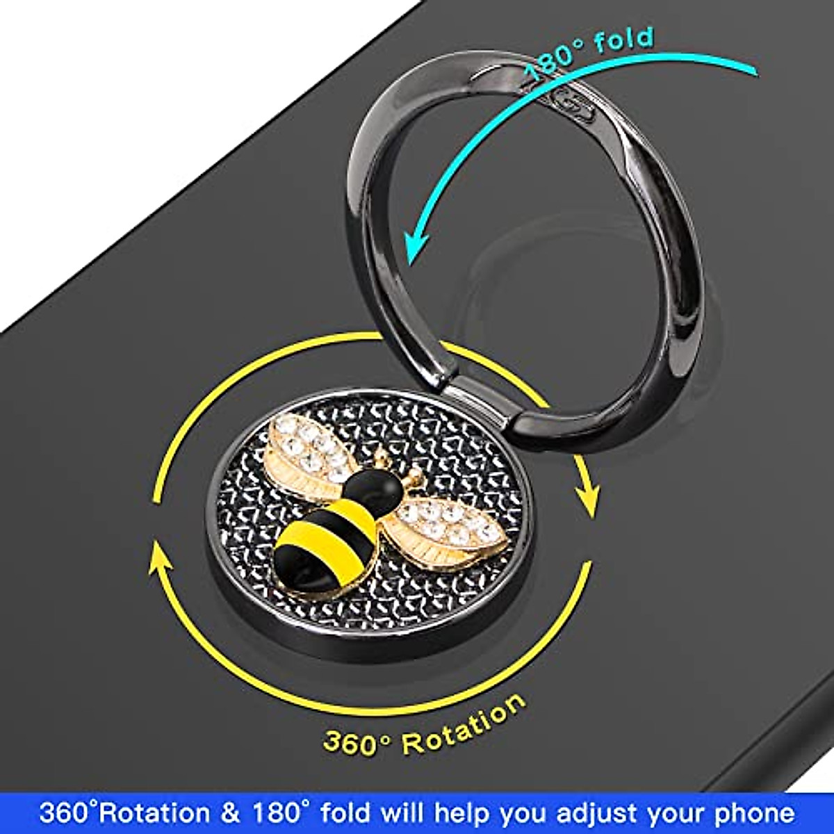 YINHEXI Phone Ring Holder Finger Kickstand, Cell Phone Ring Holder Finger Grip 360 Degree Rotation, with Crystal Stone Enamel Bee (Black)
