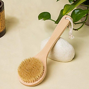 HiKin Dry Bath Body Brush Back Scrubber 9.84", Short Handle Natural Bristles Bath & Shower Brush with Anti-Slip Wooden Handle, Perfect for Exfoliating/Blood Circulation/Detox and Cellulite, etc.