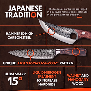 JIKKO New 67 Layers Carbon Steel Japanese Kitchen Knife Set - DiamondRazor Series - Mahogany and Walnut Wood Handles - Chef's Knives with Exceptional Sharpness - HRC60 Approved