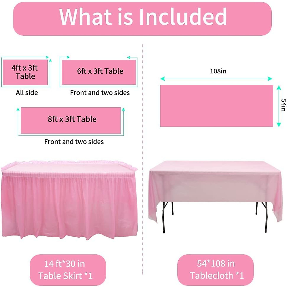 Pink Plastic Table Skirt & Tablecloth Set, 14FT Disposable Table Skirting Includes Table Cover for Rectangle Table, Birthday Party, Baby Shower Decorations