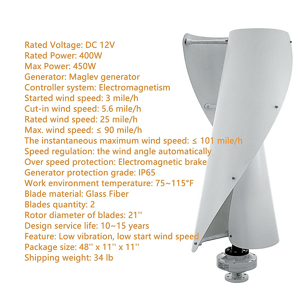 Wind Turbine Generator Kit 450W DC 12V Vertical Wind Power Turbine Generator Kit with Charge Controller 3 Phase AC Permanent Magnet Generator for Home RV Boat Marine Electricity Set (with 2pcs Blades)