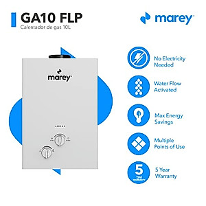 MAREY GA10FLP 2.64 GPM, 68,240 BTU's LP Gas Flow activated Gas Tankless Water Heater, White