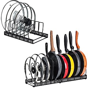 Toplife Adjustable 10+ Pans Organizer Rack + 7+ Lids Organizer Rack for Kitchen Cabinet, Black