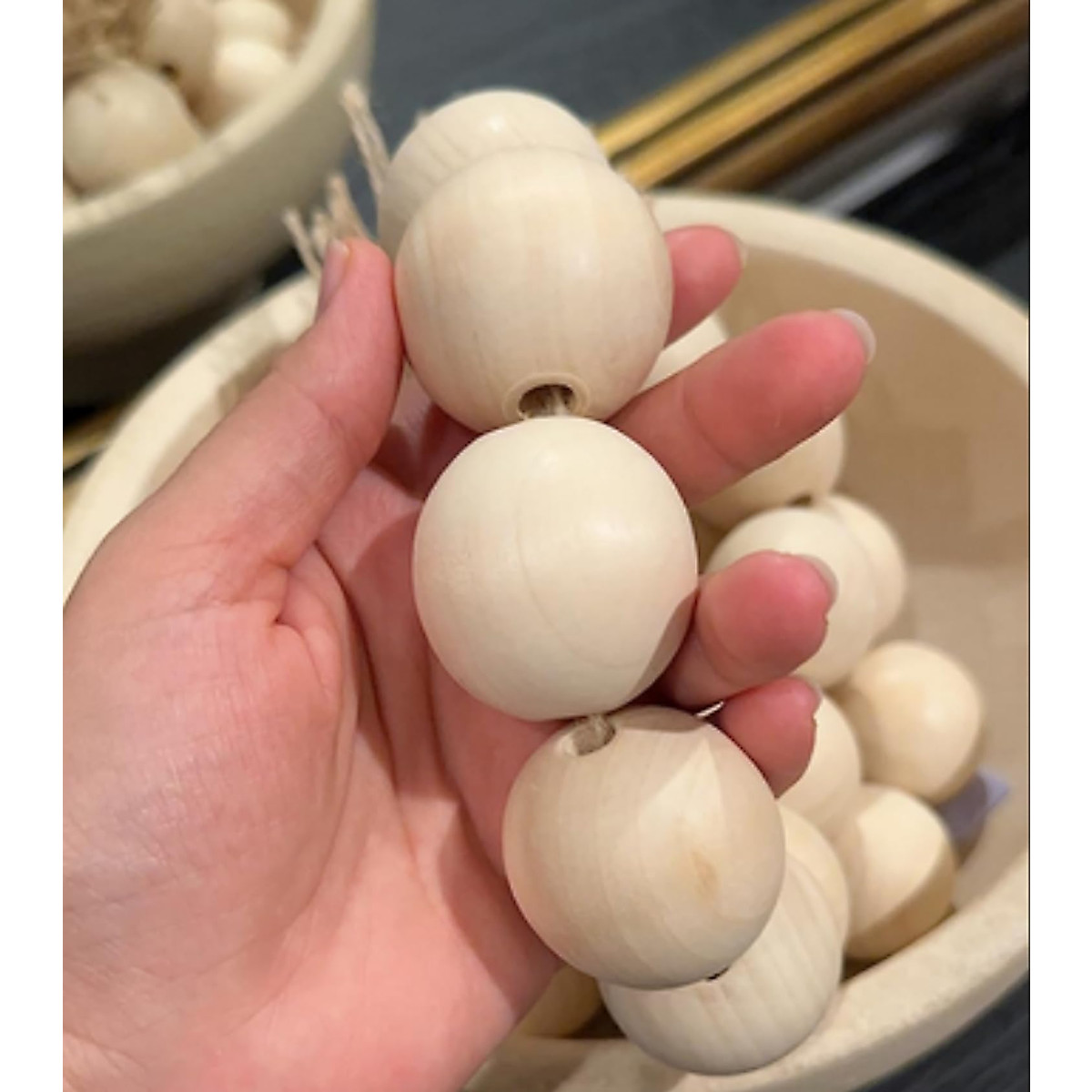 72" Long Large Wood Bead Garland with 1.6" Diameter Chunky Wooden Beads, Farmhouse Rustic Country Boho Wooden Beads Garland for Home Tiered Tray Decor, Wood Decorative Beads with Tassels