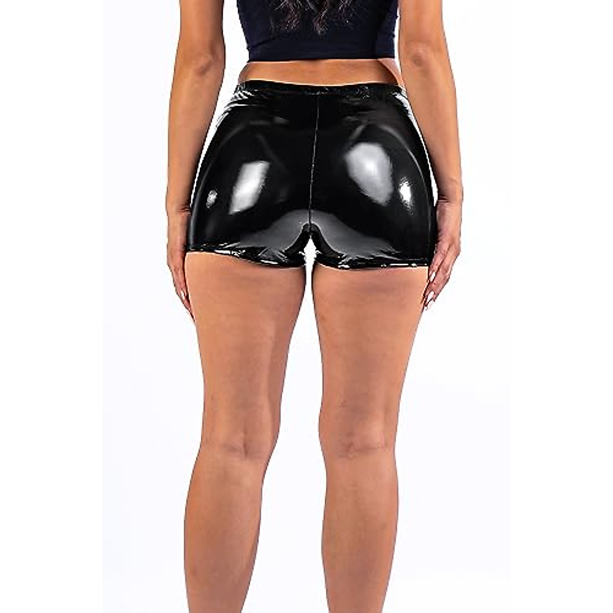 BOGOMORE Women's Shiny PU Booty Shorts - Sexy Faux Patent Leather, High Waist Hotpants with Tight Fit - Latex-Like Shorts Black X-Large