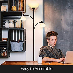 Brightech Sky Dome Double LED Floor lamp, Torchiere Super Bright Floor Lamp with 2 Reading Lamps for Living Rooms & Offices - Dimmable Tall Standing Lamp for Bedroom Reading - Tall Black Pole