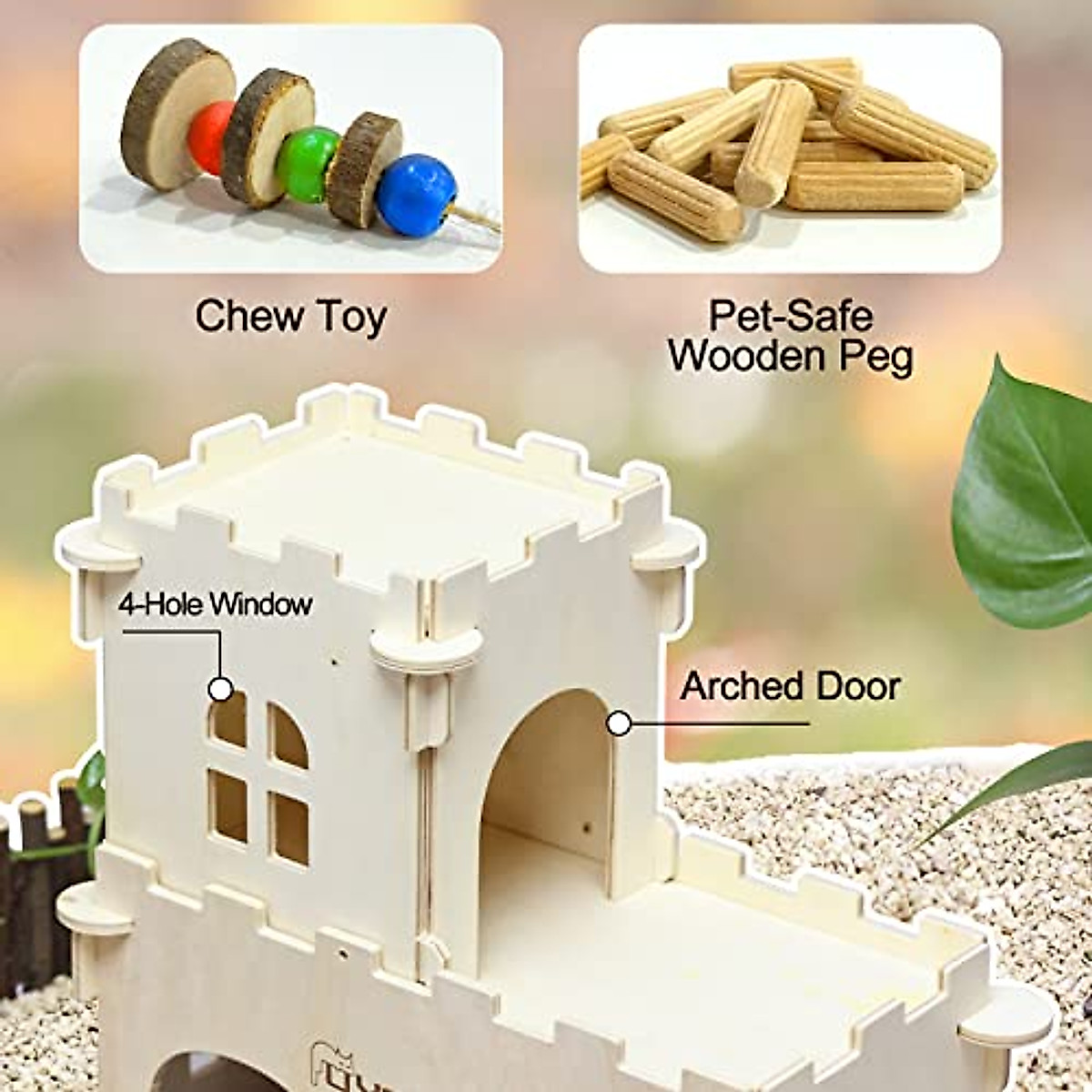 OYSMY 2-Storey Castle Chinchilla Hideout, Wooden Chinchilla House with Windows Doors, Guinea Pig Hide, Hamster Hut, Small Animal Habitat for Guinea Pig, Hamster, Chinchilla, Squirrel, Gerbil
