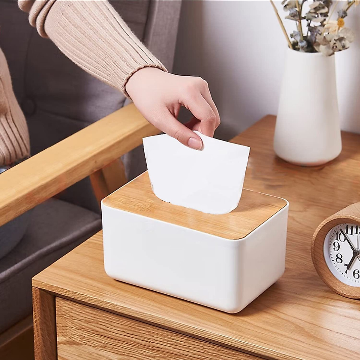 Bamboo Tissue Box Cover, Rectangular Tissue Box Holder for Bathroom Vanity, Countertop, Bedroom Dresser, Bedside Table, Desk,Disposable Paper Facial Tissues Tissue Box White