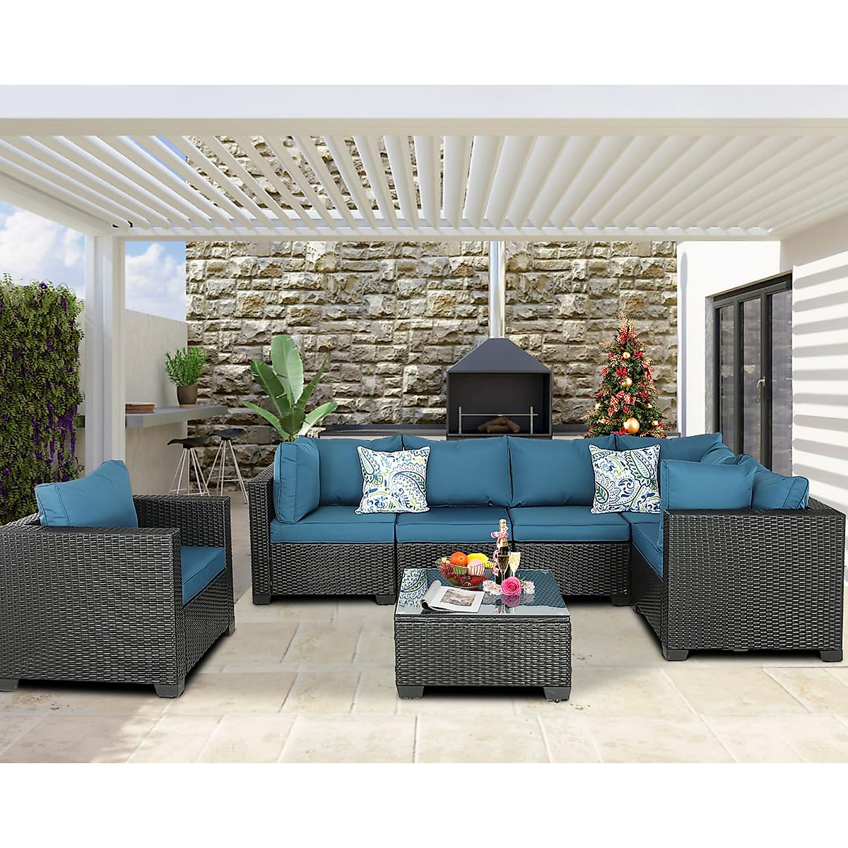 Furnimy Outdoor Furniture Patio Furniture Sets Conversation Sets Balcony Furniture Outdoor Sectional for Outdoor Indoor Backyard Lawn Garden Porch Poolside (Expresso-Peacock Blue, 7 Pieces Set)