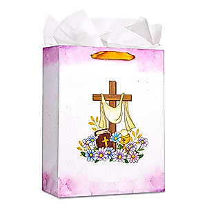 SICOHOME Easter Gift Bag with Handle 13" Religious Gift Bag with Tissue Paper and Greeting Card Baptism Gifts Bag Gift Wrapping Bags for Party Favor Bags for Easter Christenings Baptism First Communions Confirmations or Religious Party