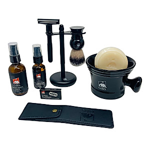 G.B.S Men's Shaving Set, Heavy-Duty Adjustable Double Edge Safety Razor and Shave Mug, Natural Soap, Blades, Shaving Brush and Razor Stand After Shave Balm Pre-Shave Oil