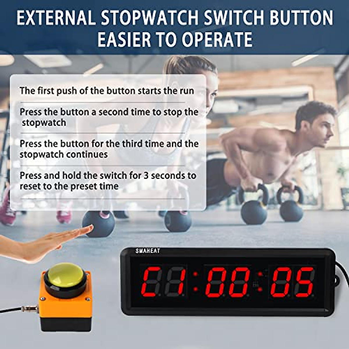 SMAHEAT Fitness Timer with Stopwatch Button, Suitable for School/exam/Home Exercise/Gym/Gym SMAHEAT Electronic Fitness Timer (1.5 inch six-Digit All-red)