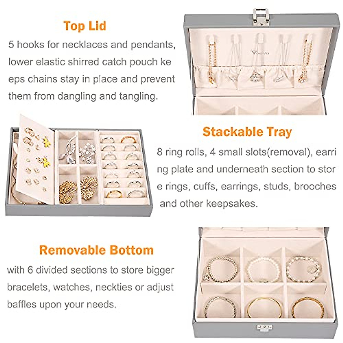 Voova Jewelry Box Organizer for Women Girls, 2 Layer Large Men Jewelry Storage Case, PU Leather Display Jewellery Holder with Removable Tray for Necklace Earrings Rings Bracelets, Vintage Gift,Grey