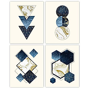 Modern Geometric Abstract Navy Blue Gold Wall Art Decor Prints, 4 (8x10) Unframed Photos, Artwork Gifts Under 20 for Home Bar Room Bathroom Office Design Studio Idea Lounge Student Teacher Friend