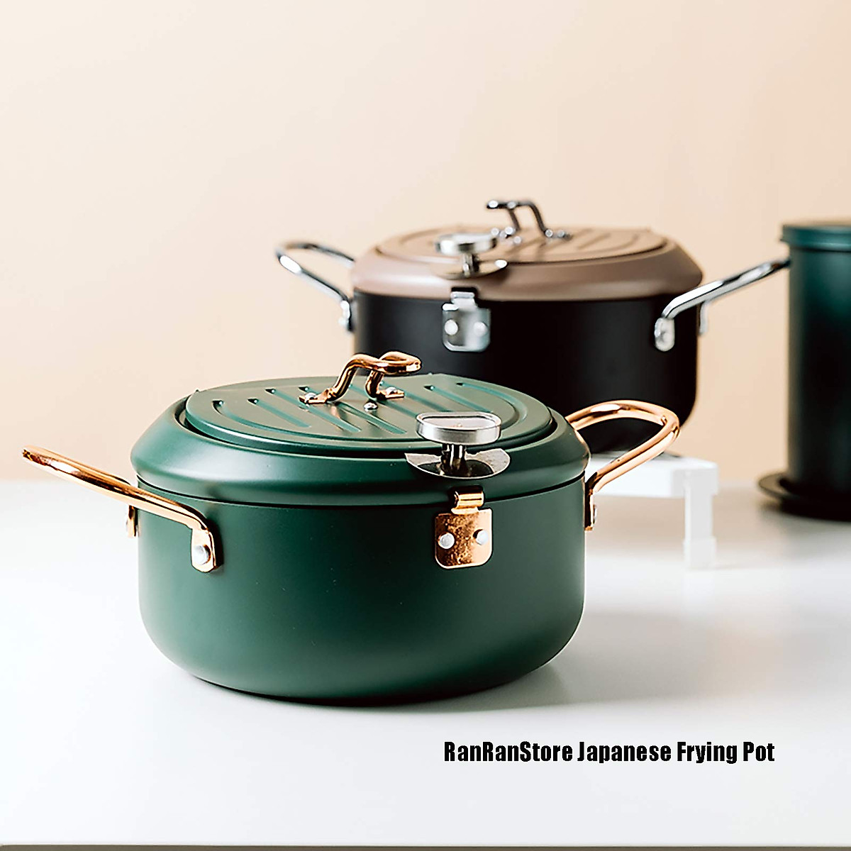 Cyrder Japanese Tempura Deep Fryer Pot with Fahrenheit Thermometer 3.5L- Nonstick Carbon Steel Oil Fryer, Fried Tempura/Chicken/Fish/Shrimp, Easy Clean, Green Big Tempura Pan, 10.2inch