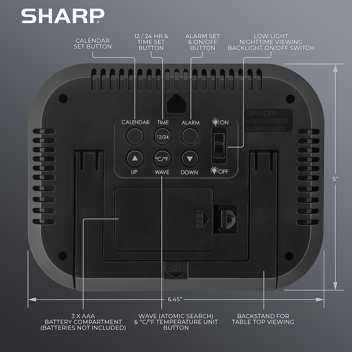 Sharp Atomic Digital Alarm Clock, Battery Operated Self-Setting Digital Wall or Desk Clock, Easy to Read Color Display Nightlight with Indoor Temperature and Calendar